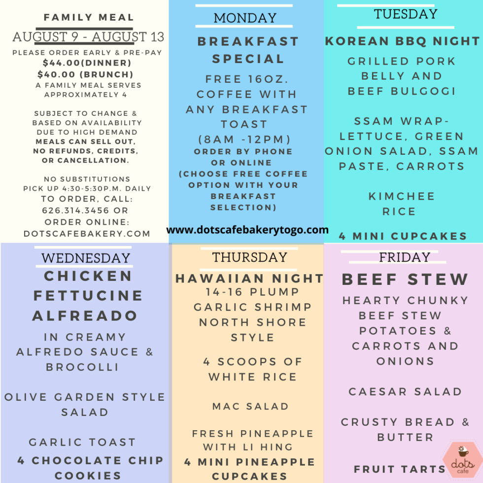 Family Meal Menu | Dots Cafe & Bakery