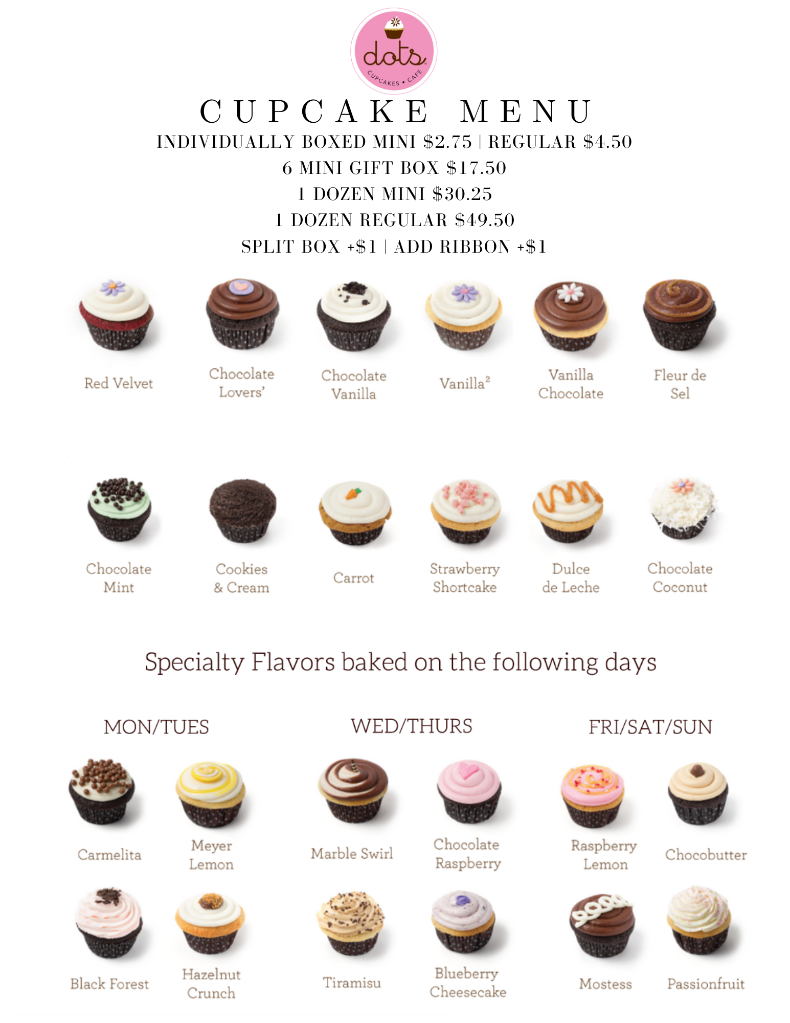 cupcake menu 2025 | Dots Cafe & Bakery